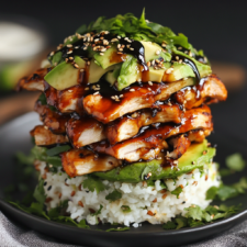 Teriyaki Chicken Avocado Rice Stack - skilledcooks