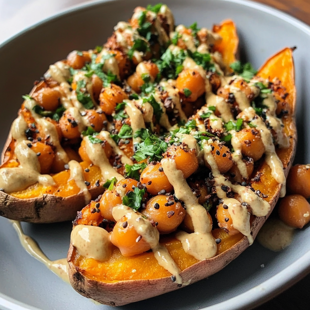 Sweet Potatoes with Tahini Butter Chickpeas - skilledcooks